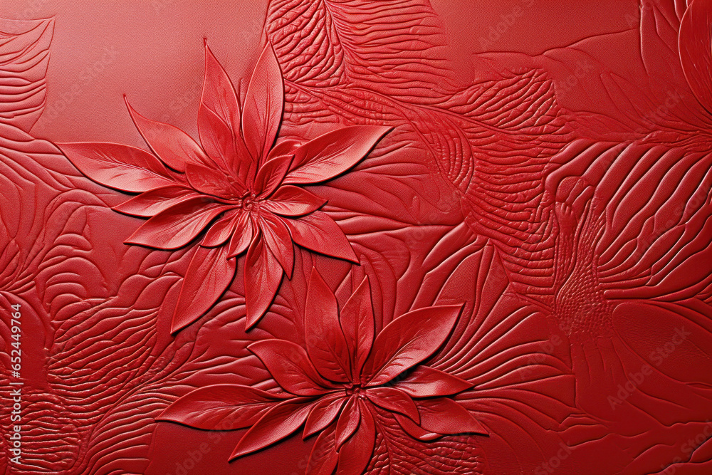 Genuine red leather, texture with floral motifs pattern as background ...