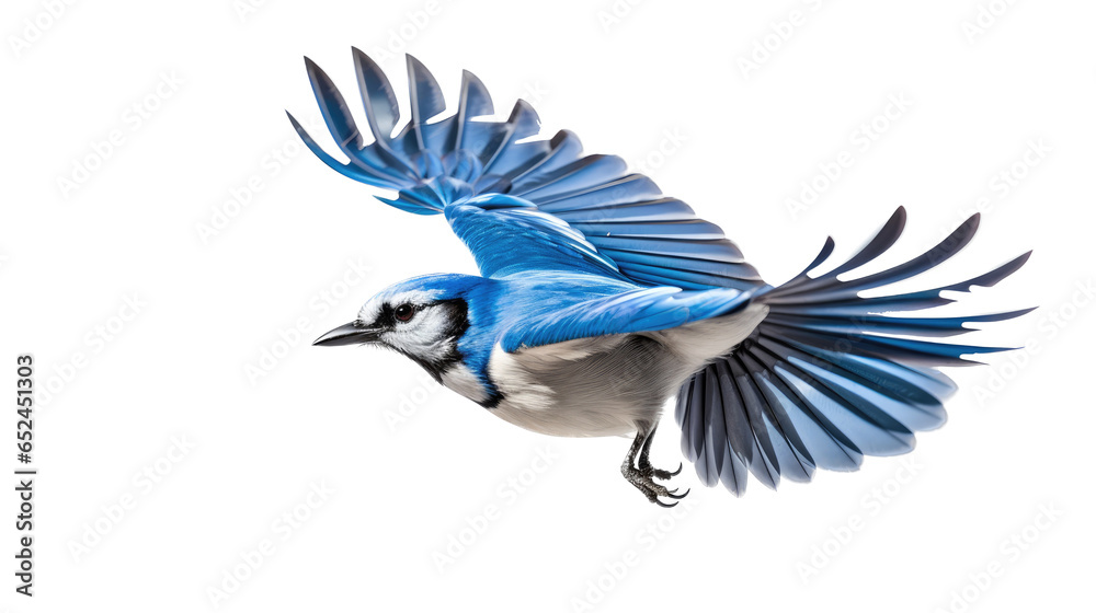 eastern Blue Jay Cyanocitta cristata, in-flight, side view in a Nature ...