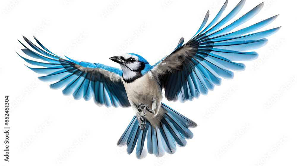 Eastern Blue Jay Cyanocitta cristata, in-flight, 3/4 view in a Nature ...
