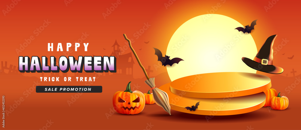 Trick or Treat Halloween Banner orange theme product display podium on ...