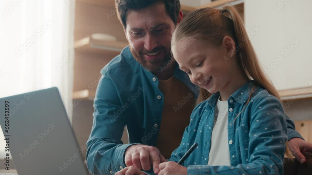 Caucasian father checking homework helping little girl pupil school ...