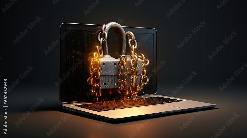 a laptop computer in chains with a padlock, warm tones in a business ...