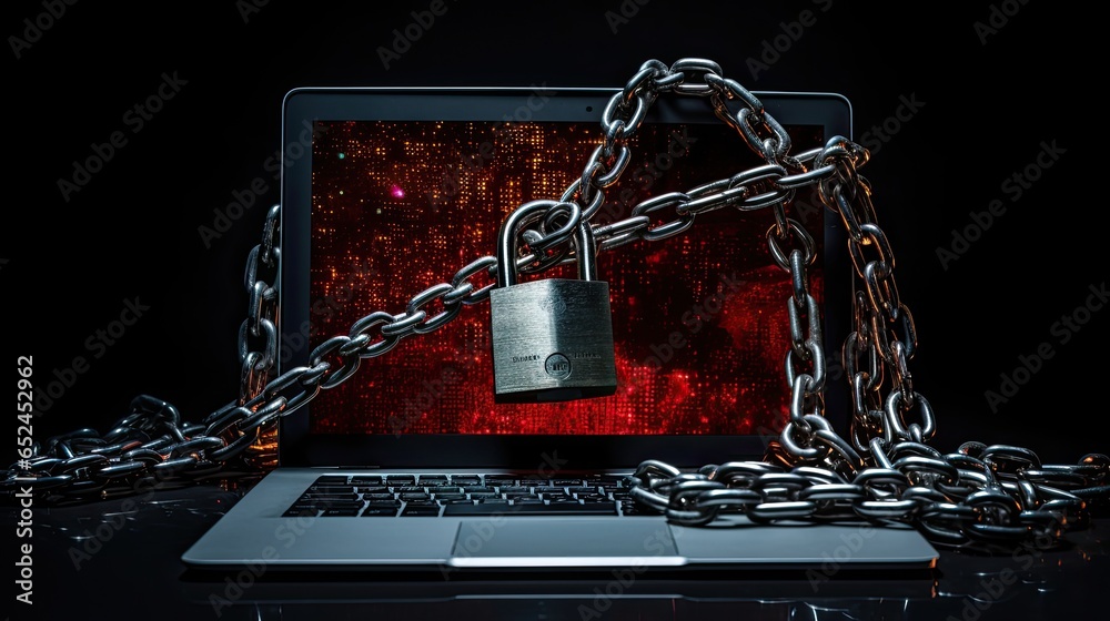 a laptop computer in chains with a padlock, warm tones in a business ...