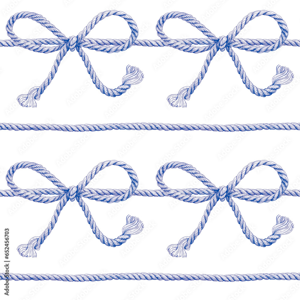 Seamless pattern of blue rope cords with bow knots. Hand drawn ...