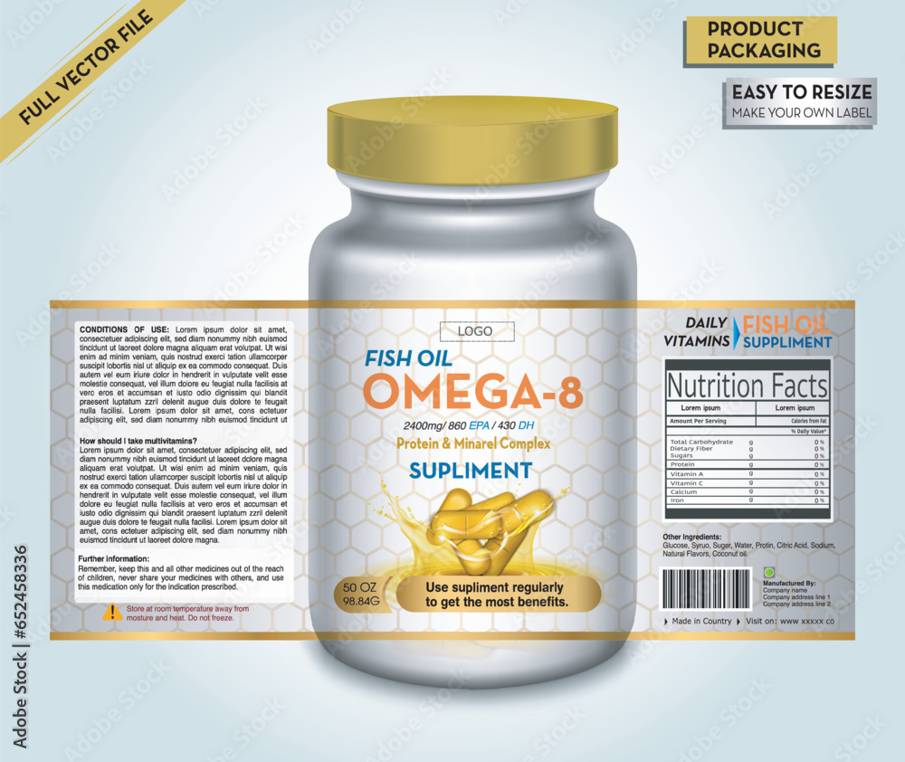 Fish Oil label, Omega supplement, Oil Supplement, Vitamin Label, Bottle ...