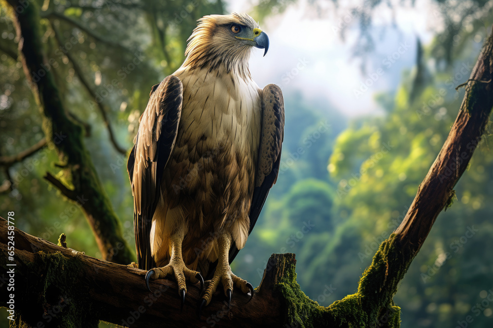 Majestic Philippine Eagle perched on a treetop in its dense forest ...