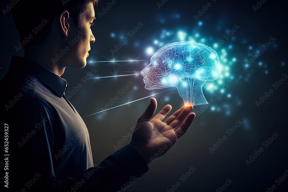 Man touches hologram of human head with brain. Artificial Intelligence ...