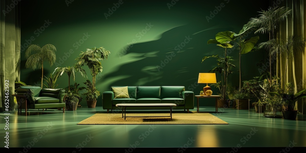 Room with a gradient green background is depicted in an abstract studio ...