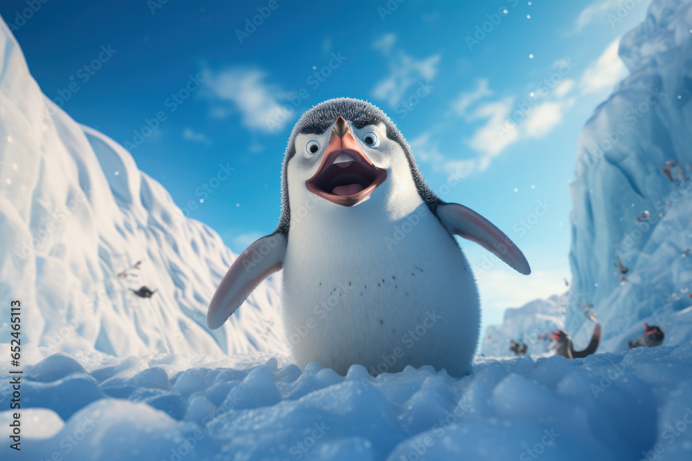 A clumsy penguin sliding on its belly across an icy slope, its fellow ...