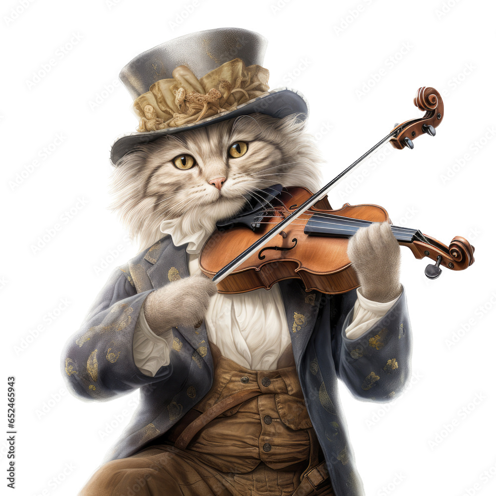 a Cat playing the fiddle, dressed in a suit in a Whimsical-themed ...