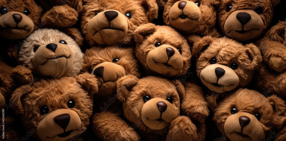 Full frame image of many teddy bears squeezing each other and squinting ...
