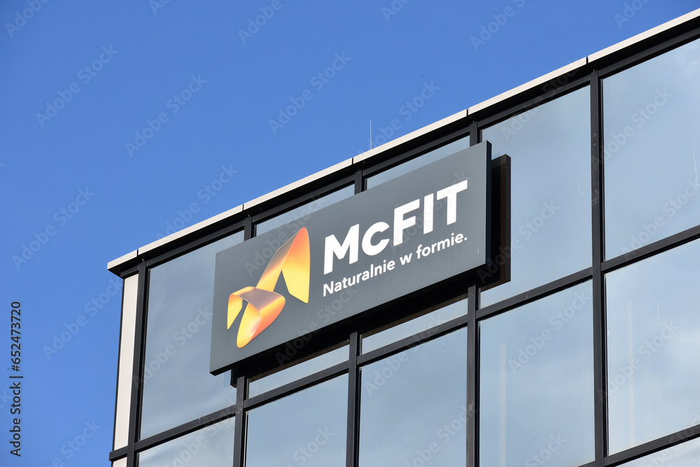 McFit gym signage, logo, emblem on the facade. WARSAW, POLAND - JUNE 12 ...