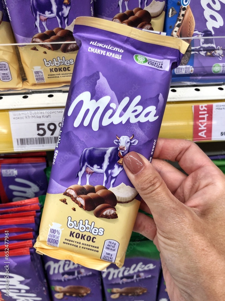 25.09.2023, Ukraine, Kharkiv, Milka chocolate on store shelves. Many ...