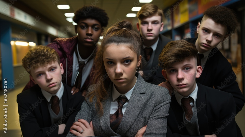 Anti-bullying week concept. A group of teenage schoolchildren look ...