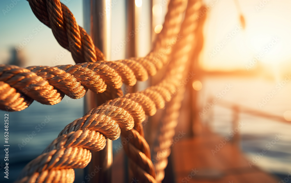 Scenery of tangled ropes on pier under sunlight. Rope full of knots and ...