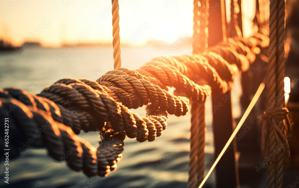 Scenery of tangled ropes on pier under sunlight. Rope full of knots and ...