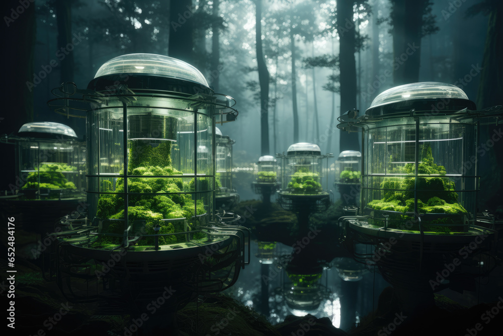 A forest of algae bioreactors producing biofuels from microorganisms ...