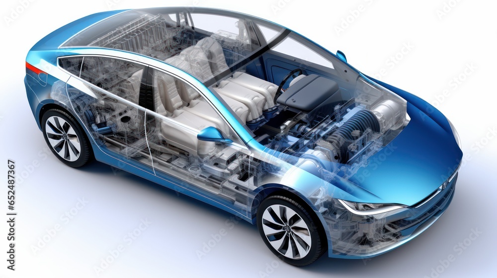 A 3D rendering of a technical cutaway of a generic electric car ...