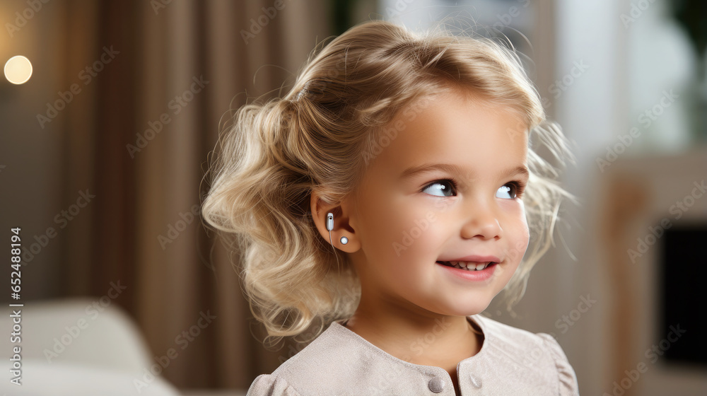 Generative AI, little kid, toddler, boy or girl with a hearing aid in ...