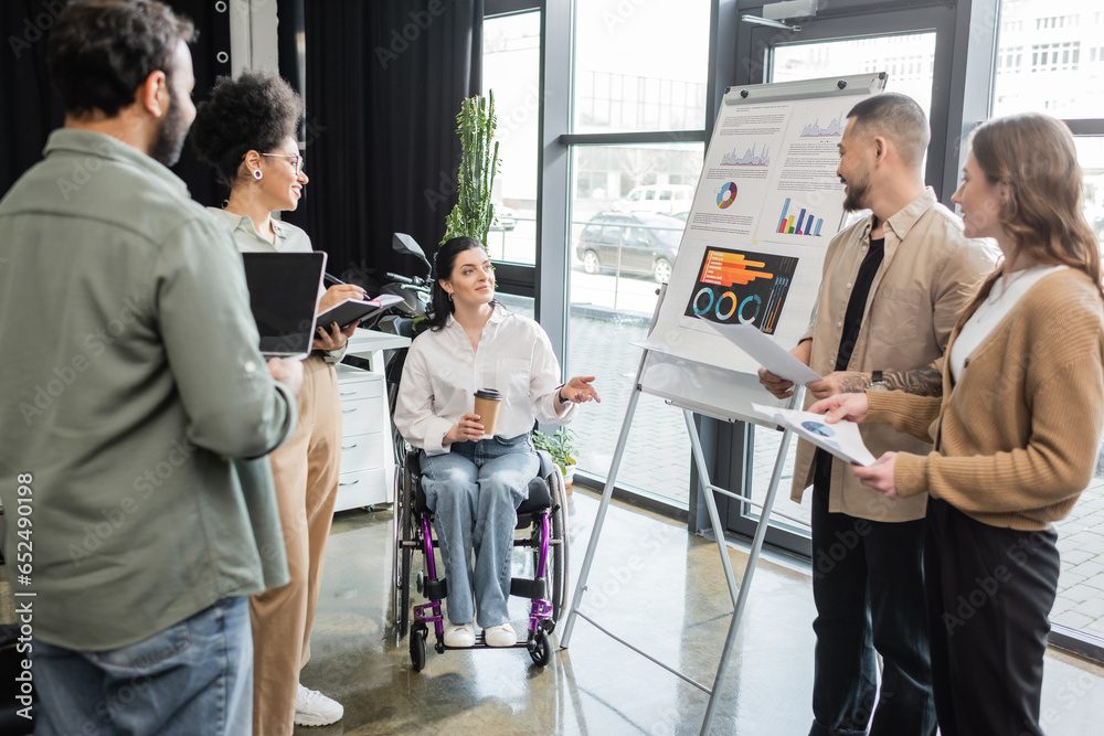 inclusion concept, disabled woman in wheelchair sharing ideas with ...