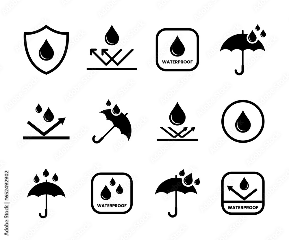 Waterproof icon set. Water resistant signs collection. Waterproof signs ...