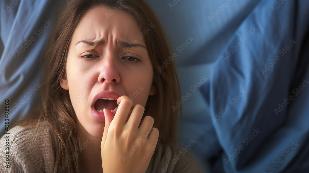 woman with a face distorted in pain holds her hand over her mouth and ...