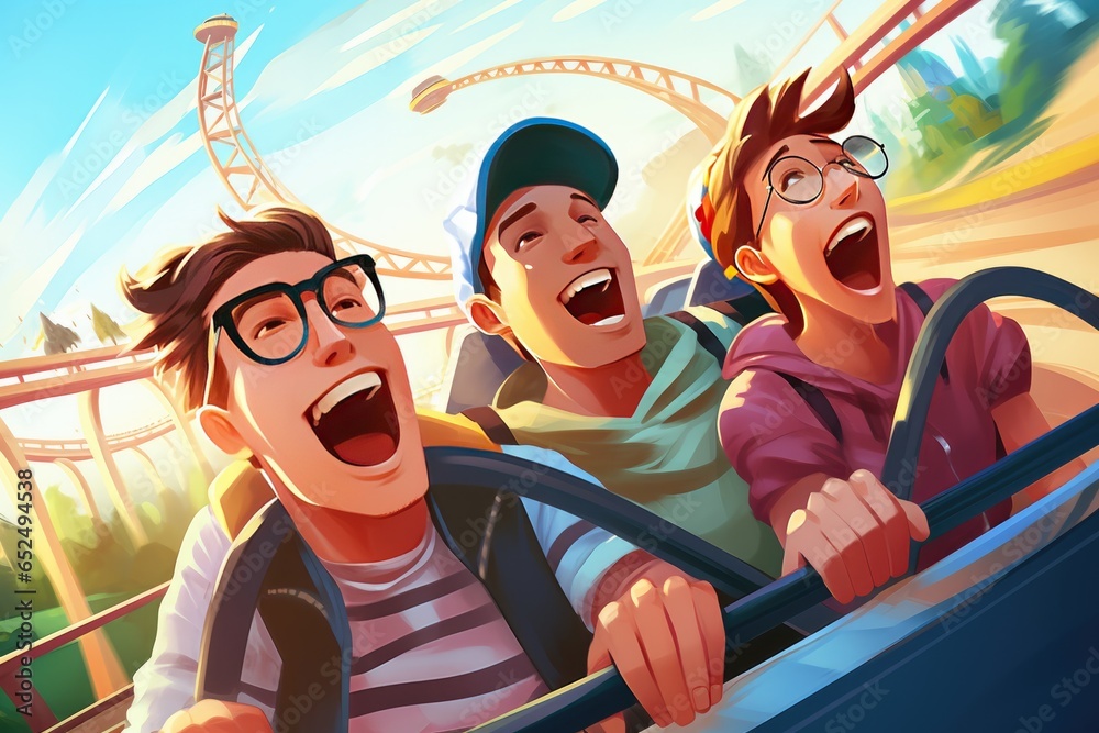 Friends riding roller coaster ride at amusement park. People having fun ...