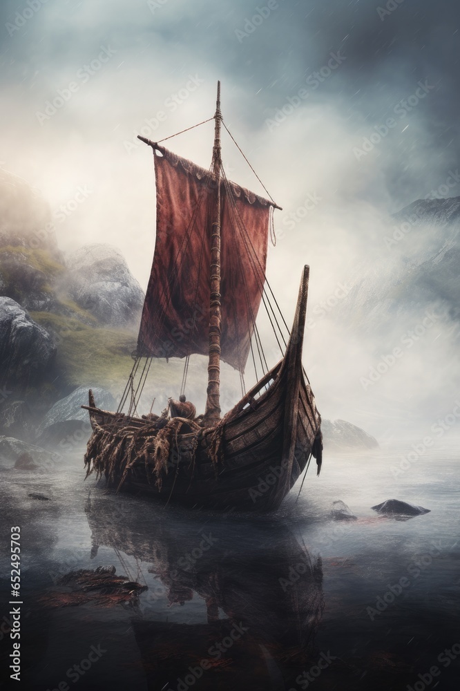 Sailing viking row ships on river. Drakkar, longships. Scandinavian ...