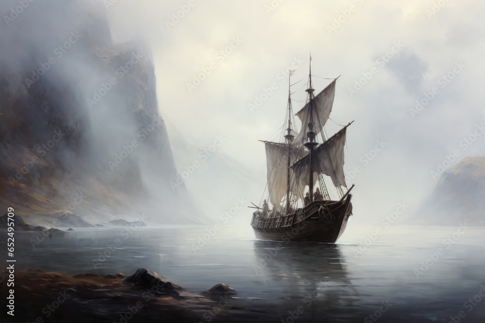 Sailing viking row ships on river. Drakkar, longships. Scandinavian ...