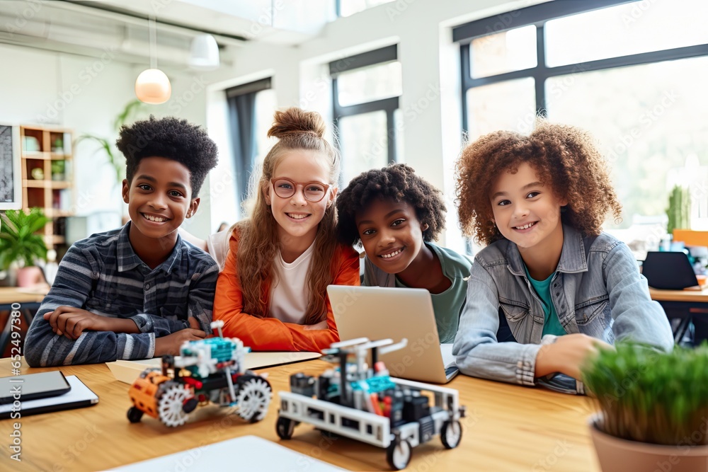 Happy School Children Building Robots, Kids Learning Programming ...