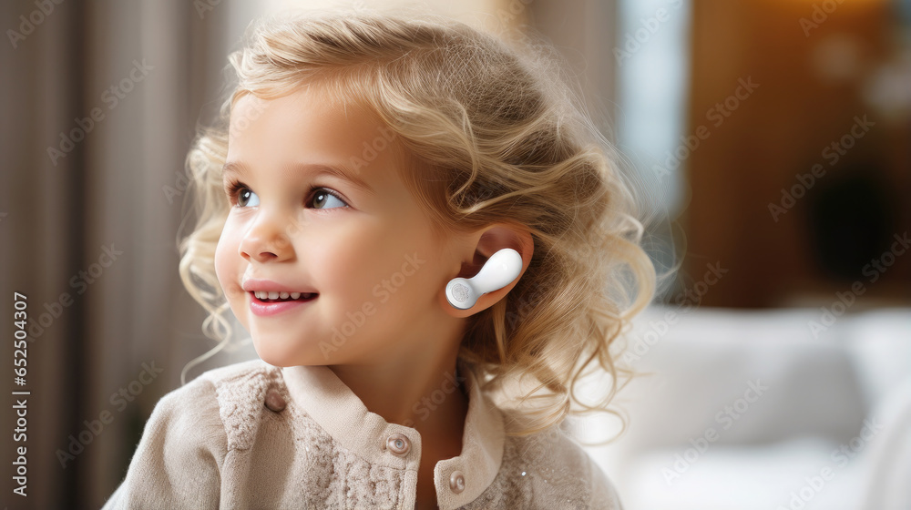 Generative AI, little kid, toddler, boy or girl with a hearing aid in ...
