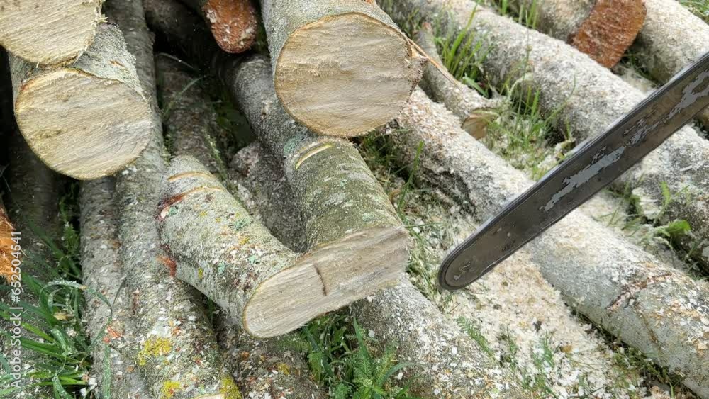 Woodcutter with Chainsaw on forest work. Preparing firewood for winter ...