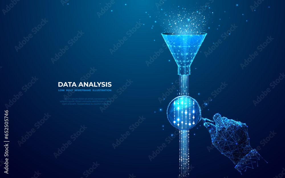 Abstract funnel with data stream and hand with magnifying on dark blue ...