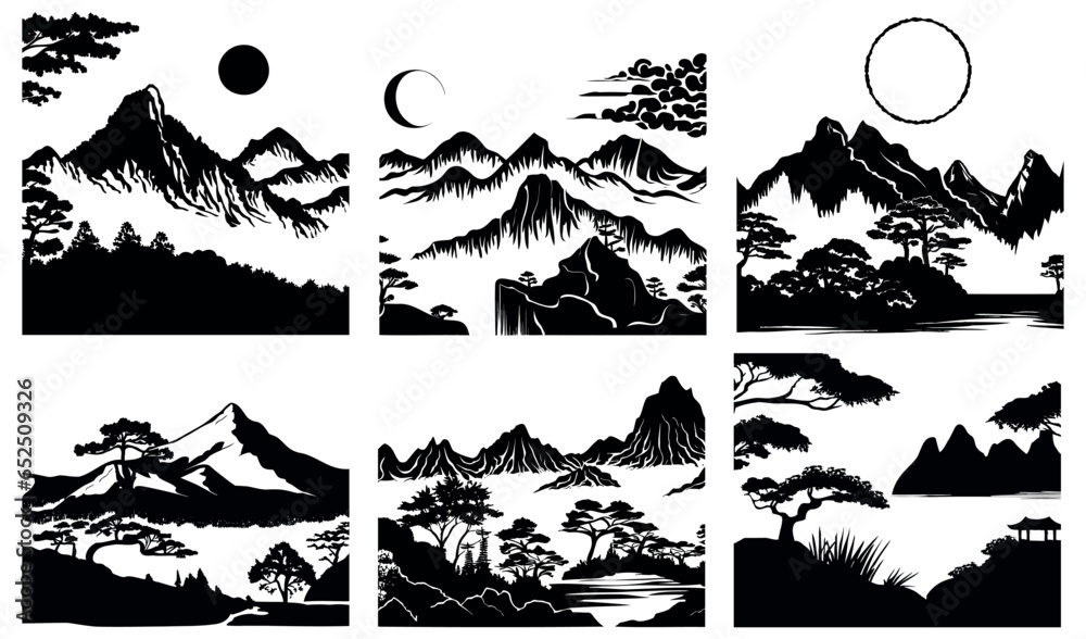 Mountain landscape, Asian style, black silhouette on a transparent ...