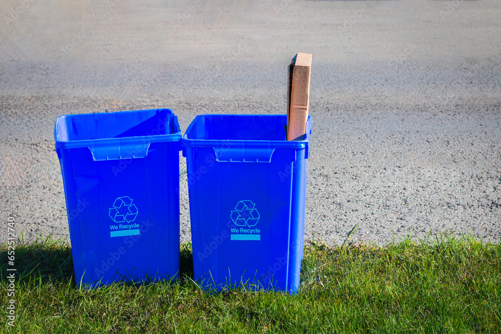 recycle bins at curb side waiting for pick up in the city. Stock Photo ...