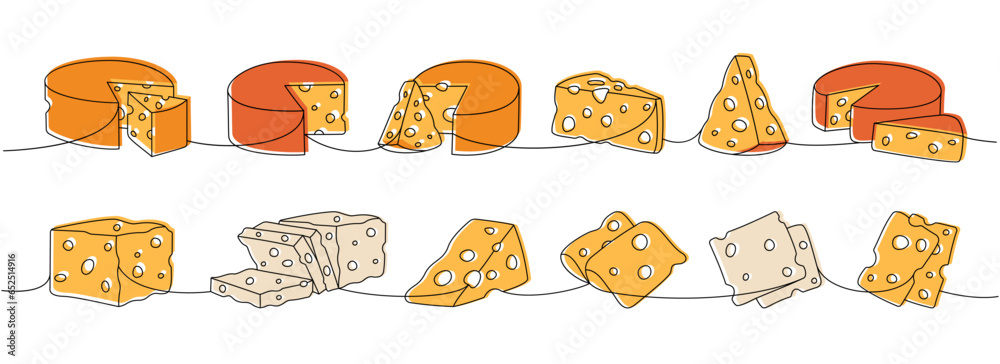 Cheese products one line colored continuous drawing. Different types of ...