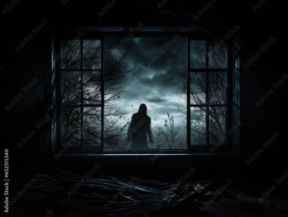Halloween background theme. Spooky scene of a open window with a ...