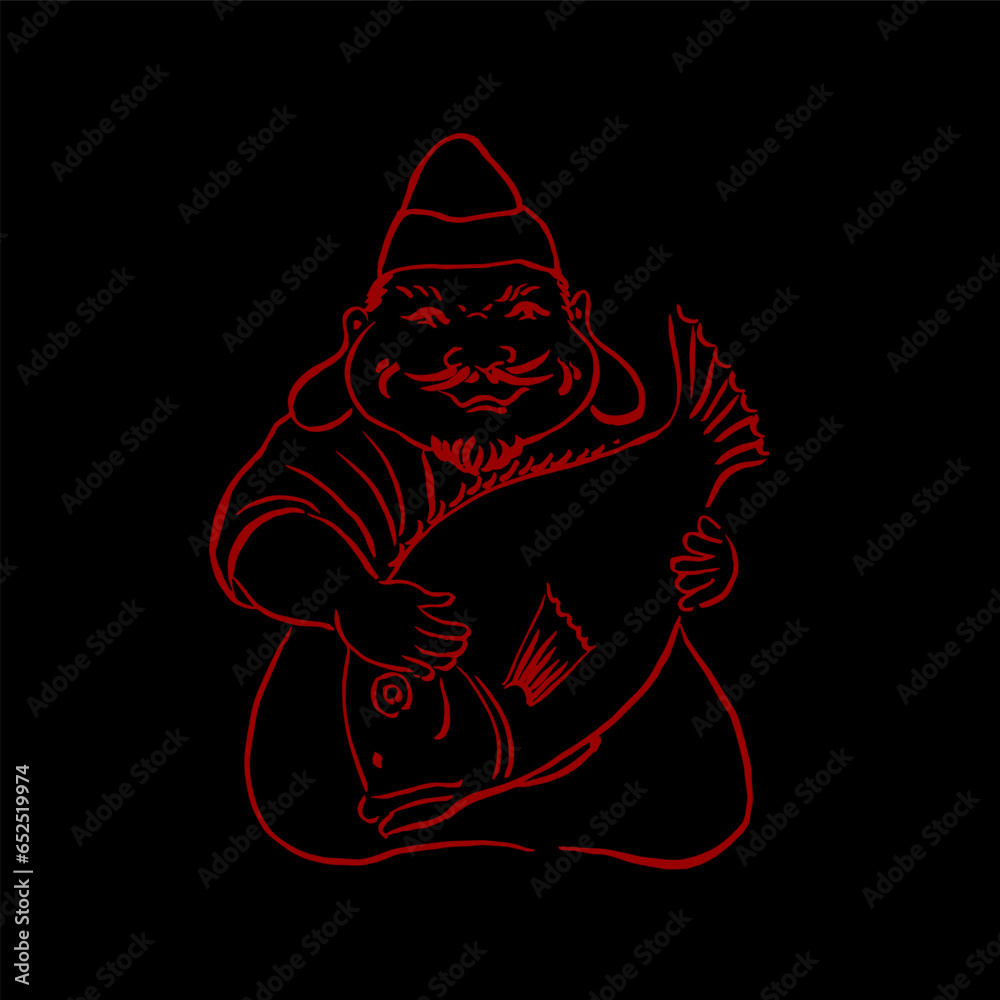 Japanese god of wealth Ebisu. Vector, illustration, sketch, calligraphy ...