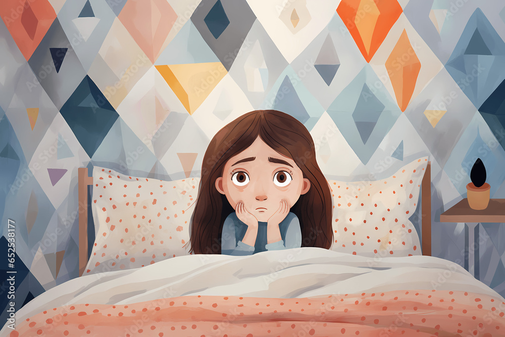 Adorable little girl on her bed, face of anguish and fear. animated ...