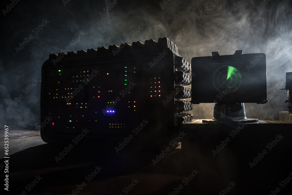 Workplace of the air traffic controllers in the control tower. Team of ...