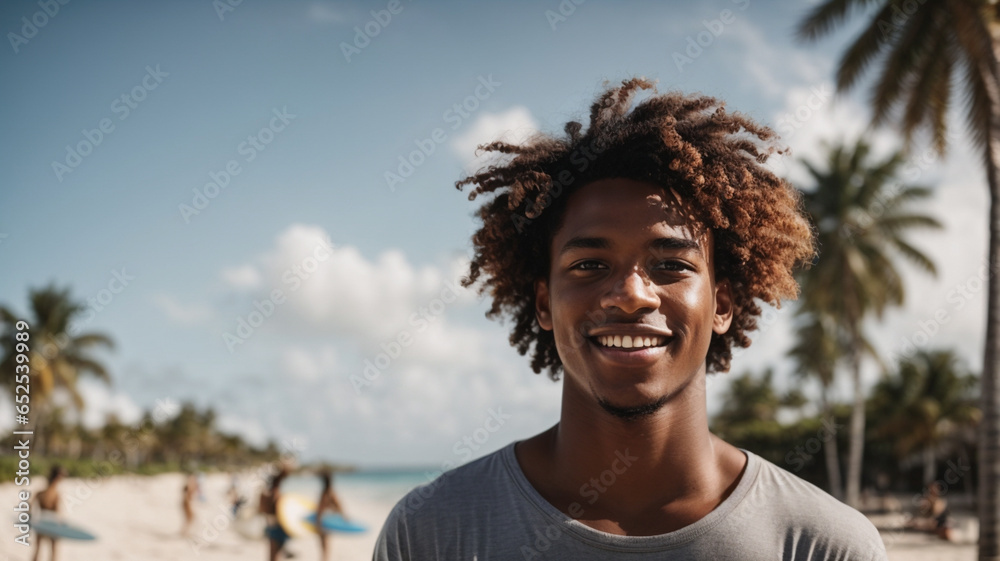 Young smiling African American surfer man carrying her surfboard ...