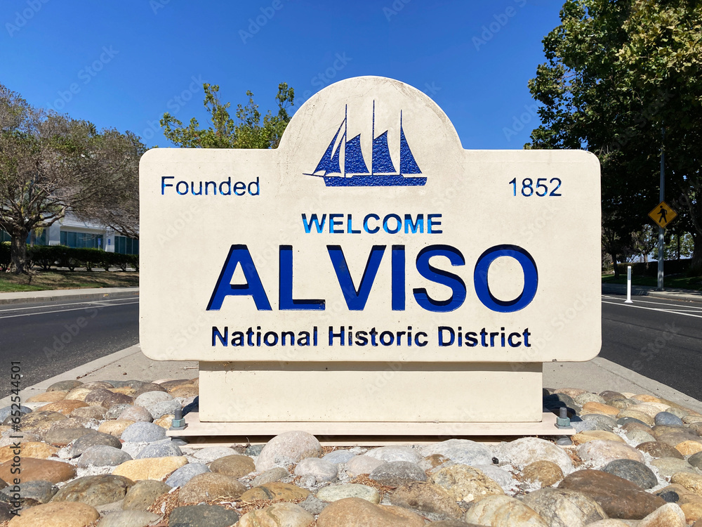 Welcome to Alviso National Historic District road sign. Founded 1852 - San Jose, California, USA ...