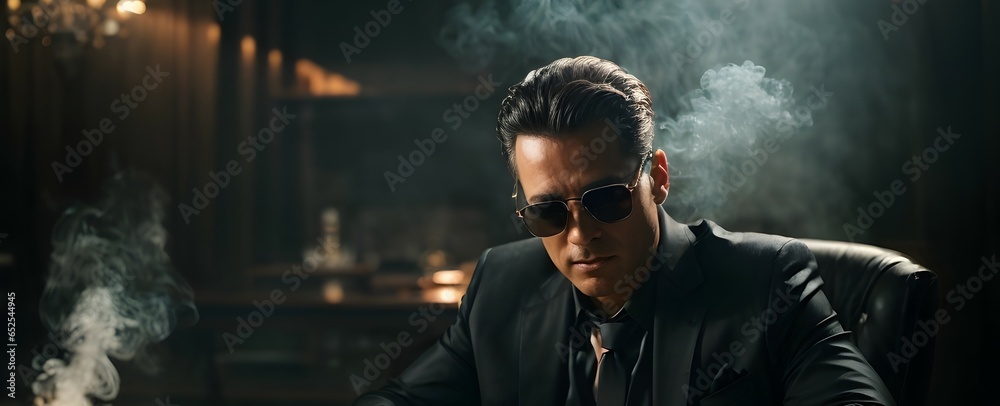 Dominant, mysterious man in a dimly lit room exudes power and control ...