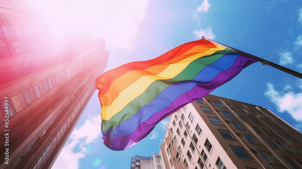 In city downtown, looking up to the sky, LGBT flag a rainbow colored ...