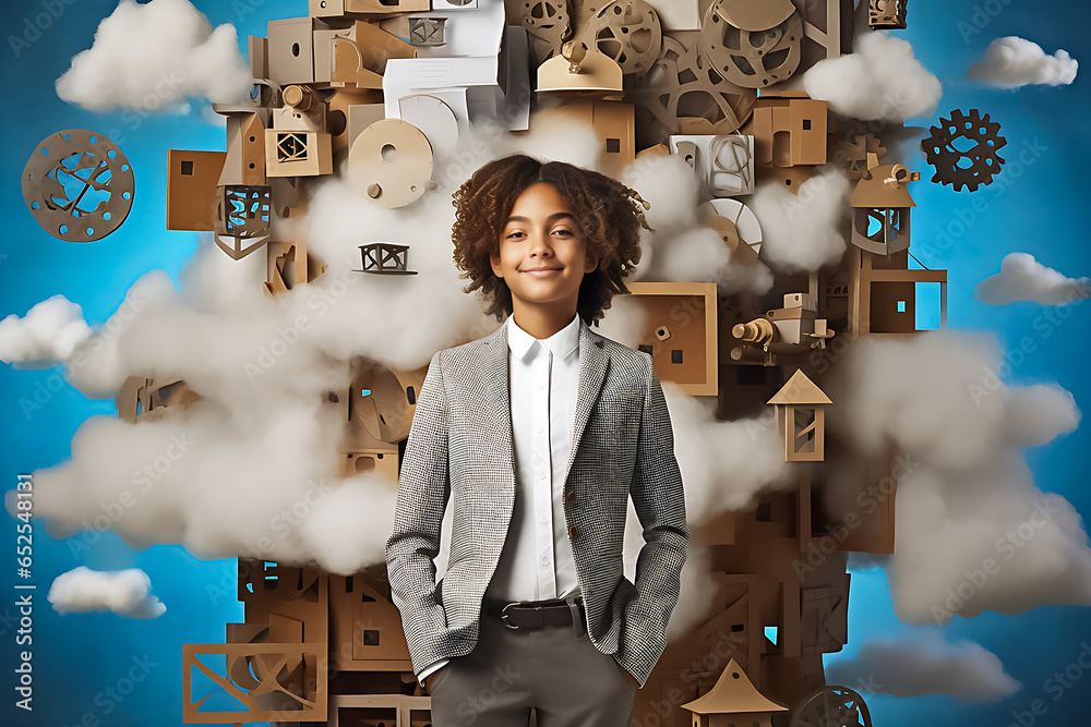 Child’s imagination with think of gear inventions. Happy kid with ...