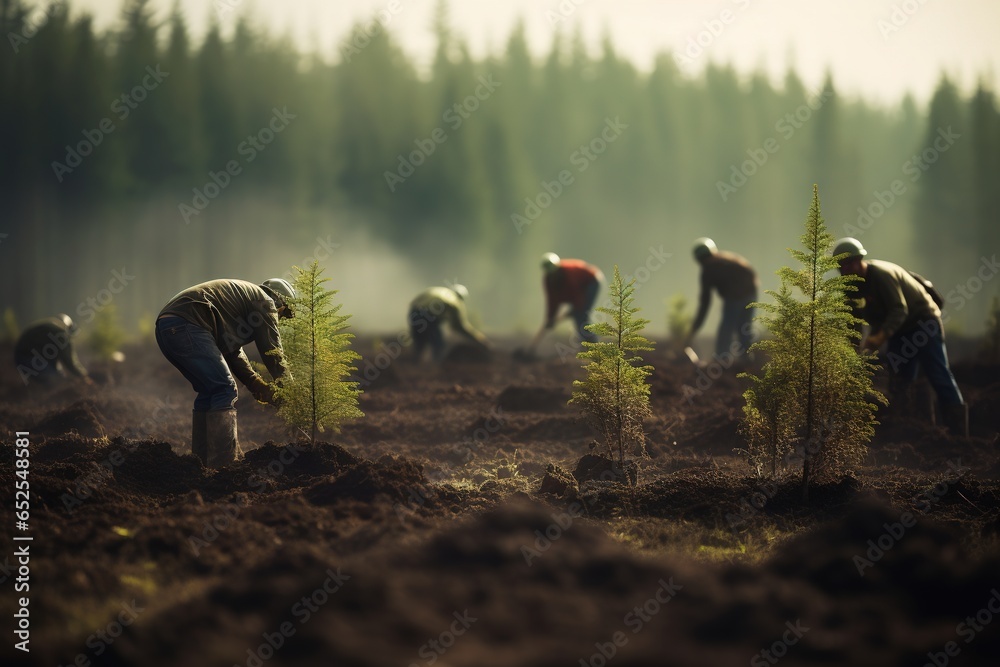 Planting new trees in an open area. Reforestation of conifer trees in ...