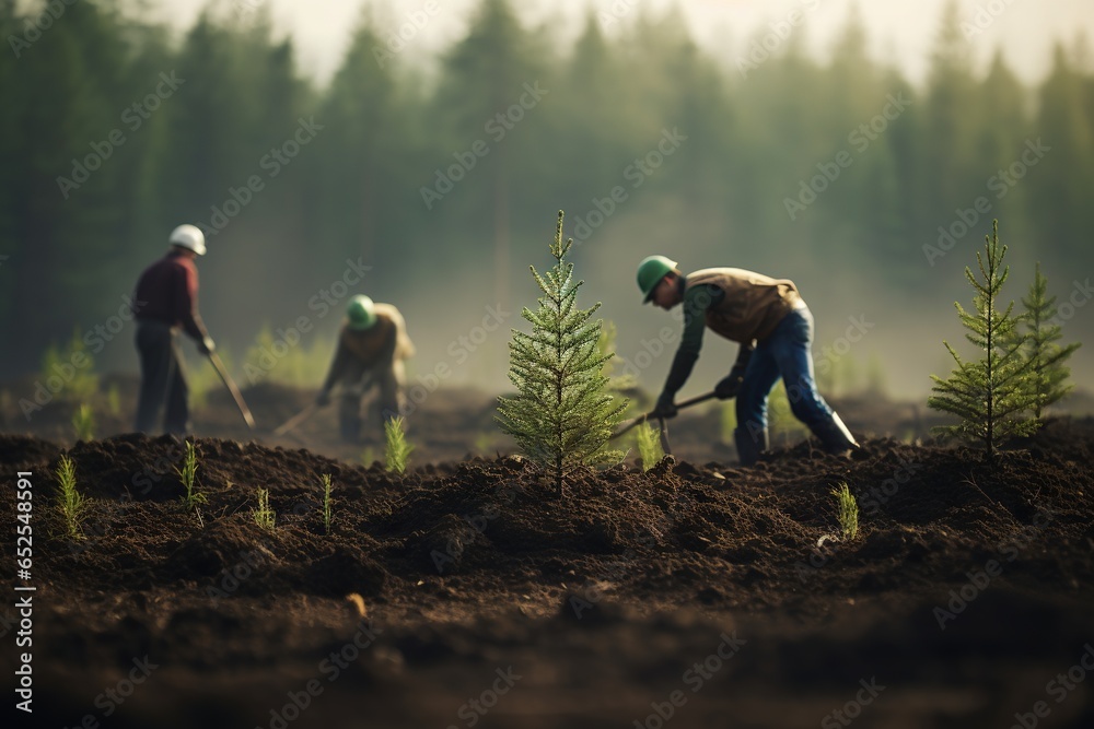 Planting new trees in an open area. Reforestation of conifer trees in ...