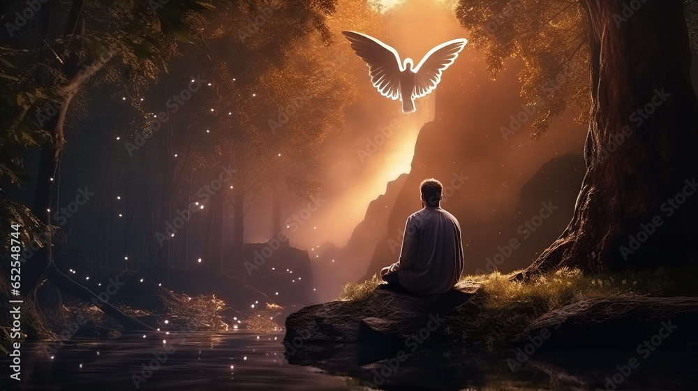 Angelic being appearing to a man sitting on a lakeshore in the forest ...