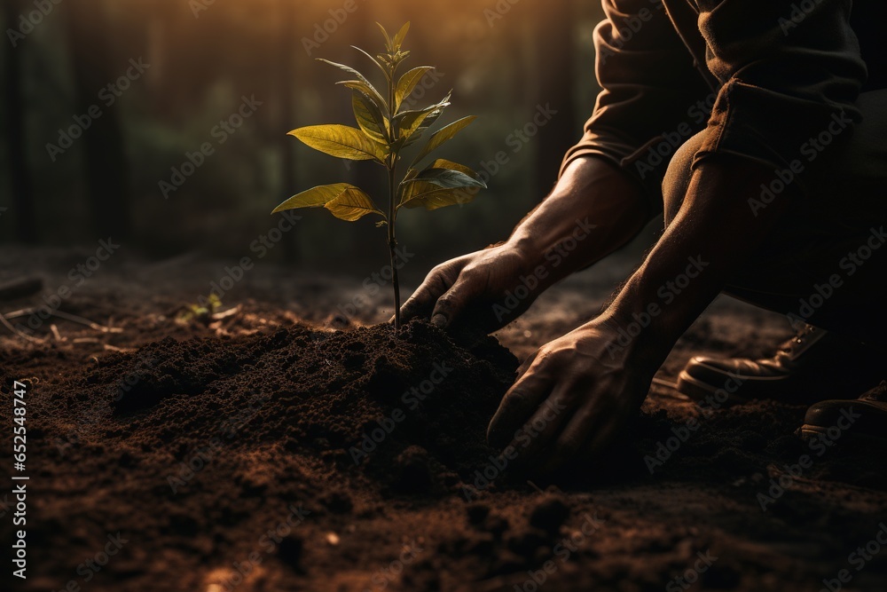 Planting new trees in an open area. Reforestation of conifer trees in ...