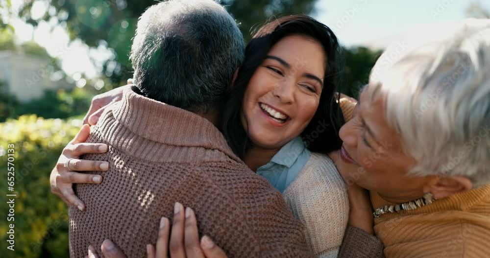 Mexican family, hug and smile for reunion, outdoors and love for ...